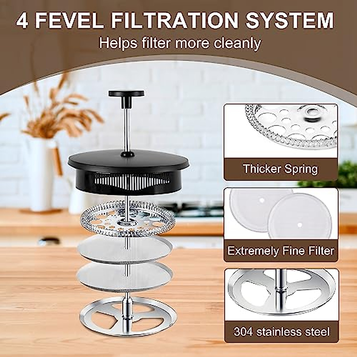 Greenual French Press Coffee Maker 34 oz, Borosilicate Glass French Press with 4 Filter, 304 Stainless Steel Cold Brew Heat Resistant Coffee Press for Travel Gifts, (Black)