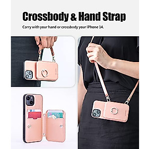 GOOSPERY Rich-Fit iPhone 14 Crossbody Wallet Case for iPhone 14 Case [Strap Included] with Card Holder Lanyard Magnetic Clasp [Kickstand Ring] Heavy Duty Protection, Rose Gold