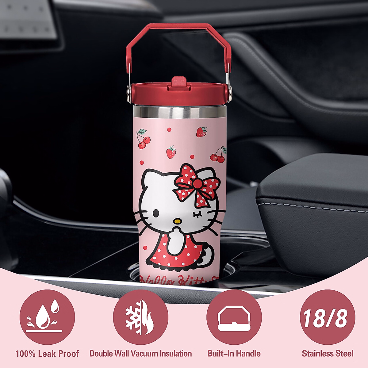 Kitty Tumbler for Adults Water Bottle 30 Oz Tumbler with Handle and Straw Kitty Cups for Kids Pink Coffee Mug Kitty Stuff Cat Insulated Cup Gifts for Girl Women