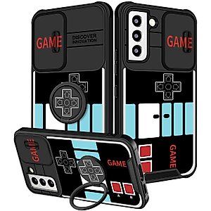 Funermei (2in1 for Samsung Galaxy S22 Case for Women Boys Cute Cover Cartoon Teens Fun Funny Game Black for Men Kids Design with Camera Cover and Ring Stand Funda for Galaxy S22 Phone Cases