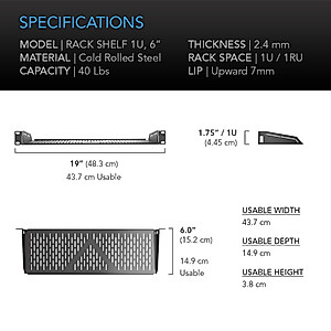 AC Infinity Vented Cantilever 1U Universal Rack Shelf, 6" Deep, for 19” Equipment Racks. Heavy-Duty 2.4mm Cold Rolled Steel, 40lbs Capacity