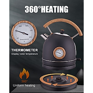 Electric Kettle, Talafa 1.7L / 1500W Electric Tea Kettles for Boiling Water, Stainless Steel Hot Water Boiler with Thermometer, Auto Shut-off & Boil-Dry Protection, Anti-scald Wood Handle, Black