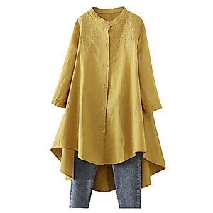 Minibee Women's Cotton Linen Shirt High Low Button Down Embroidered Blouse Long Sleeve Tunic Tops With Pocket Yellow 2XL