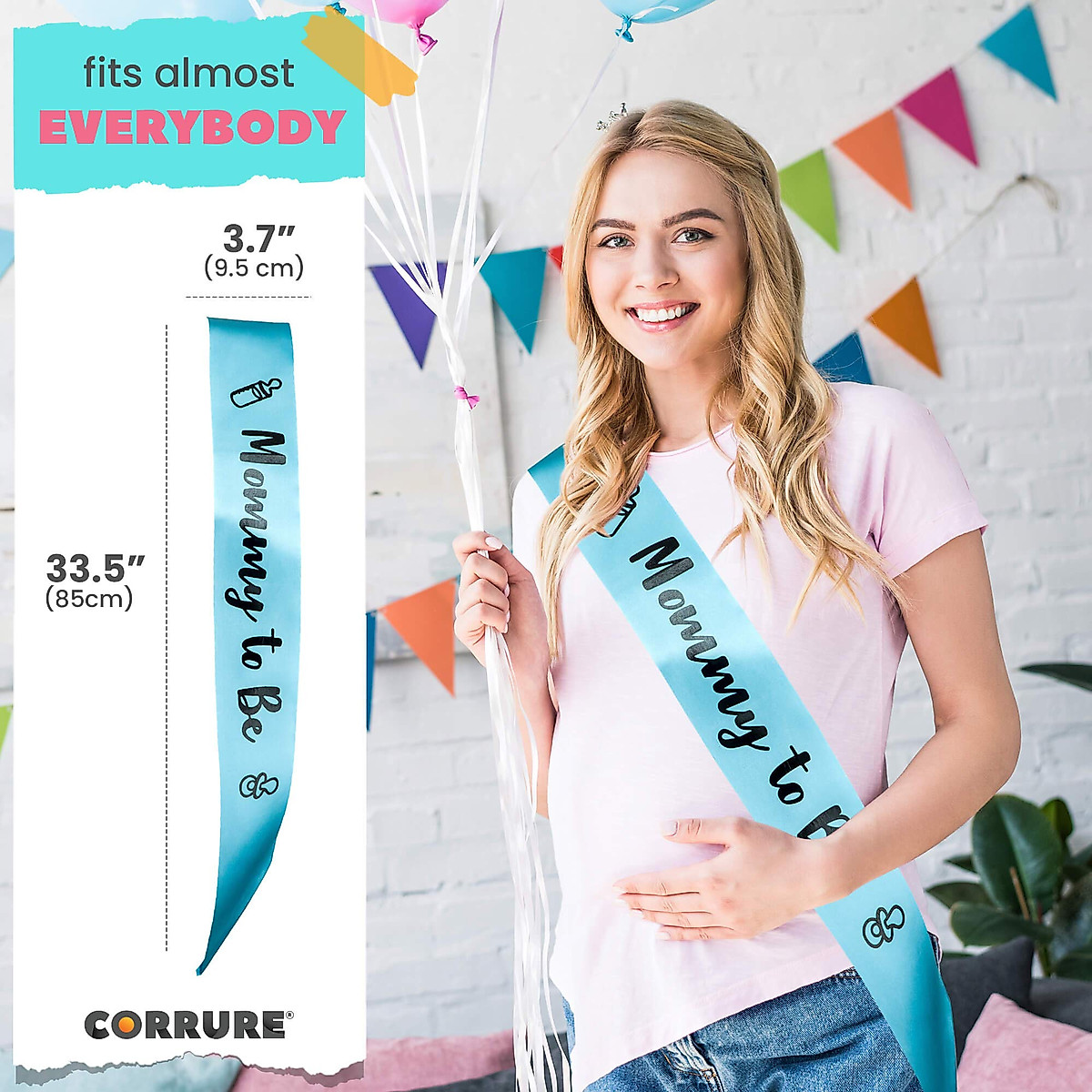 CORRURE Baby Shower Sash for Boy - 'Mommy to Be' Sash With Beautiful Blue Ribbon and Black Foil Text - Ideal Gender Reveal, Baby Shower, Welcome Baby, Mom to Be or Baby Sprinkle Gift
