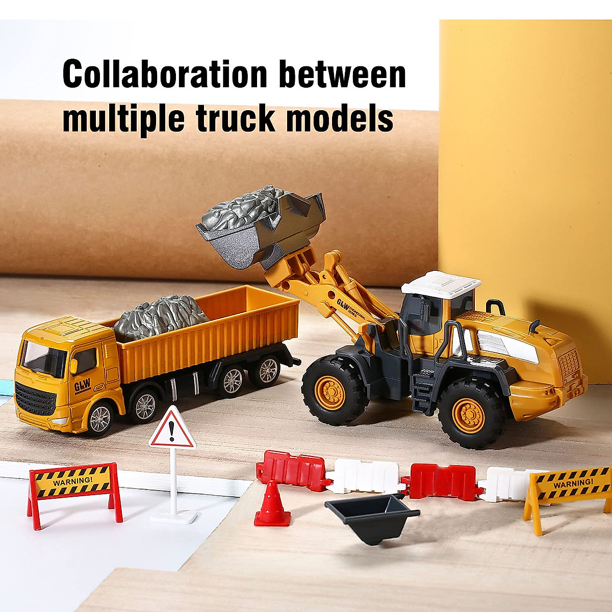 CUTE STONE Alloy Construction Vehicles Truck Toy Set, Kids Engineering Truck Playset, Crane, Excavator, Cement, Fuel Truck, Wheel Loader with 3 Interchangeable Parts,Gift for Toddlers Boys Children