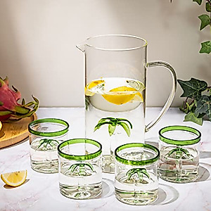 Palm Tree Pitcher & 4 Glasses Set Decanter with 4 Glasses 9oz by The Wine Savant - Elegant Glass Set, Great for Water Iced Tea, Sangria, Lemonade, and More! 1300ml 9" H