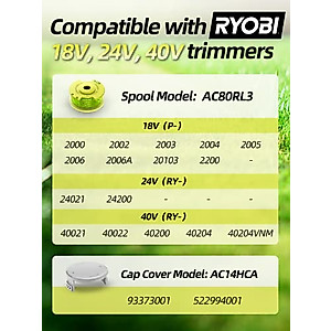 YWTESCH Trimmer String for Ryobi One Plus+ AC80RL3,11 FT/0.080-Inch，Spool Replacement Compatible with Ryobi 18v, 24v, and 40v Cordless Trimmers (9 Pack Trimmer Line & 2 Pack Trimmer Cap)