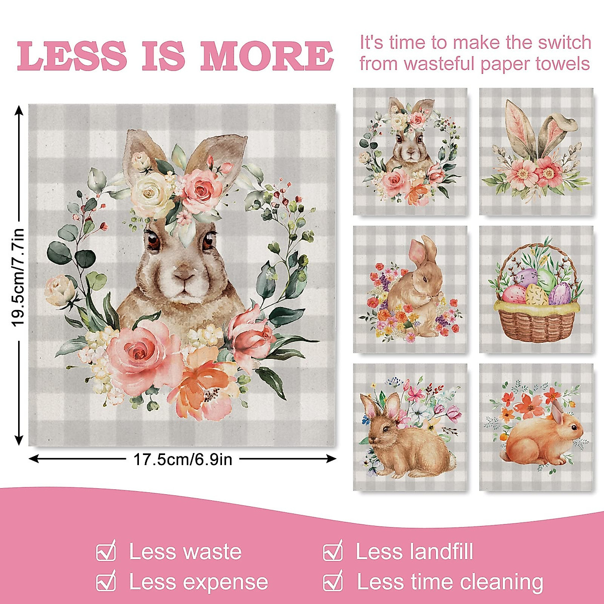 AnyDesign Easter Swedish Kitchen Dishcloth Set of 6 Watercolor Easter Egg Rabbit Bunny Floral Cotton Kitchen Towel Gray White Buffalo Plaids Dish Towel for Housewarming Cleaning Wipes, 7 x 8 in