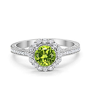 Blue Apple Co. Art Deco Filigree Halo Wedding Engagement Bridal Ring Solid Round Simulated Peridot 925 Sterling Silver, Size-8