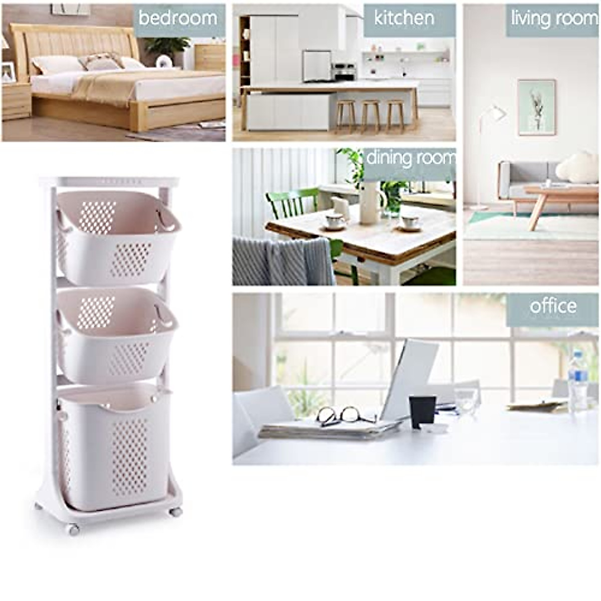 3 Tier Laundry Basket PP Material Laundry Basket with Wheels Laundry Basket Shelf with Two Kinds of Handles Clothes Baskets for Kitchen Bedroom Laundry Room Bathroom