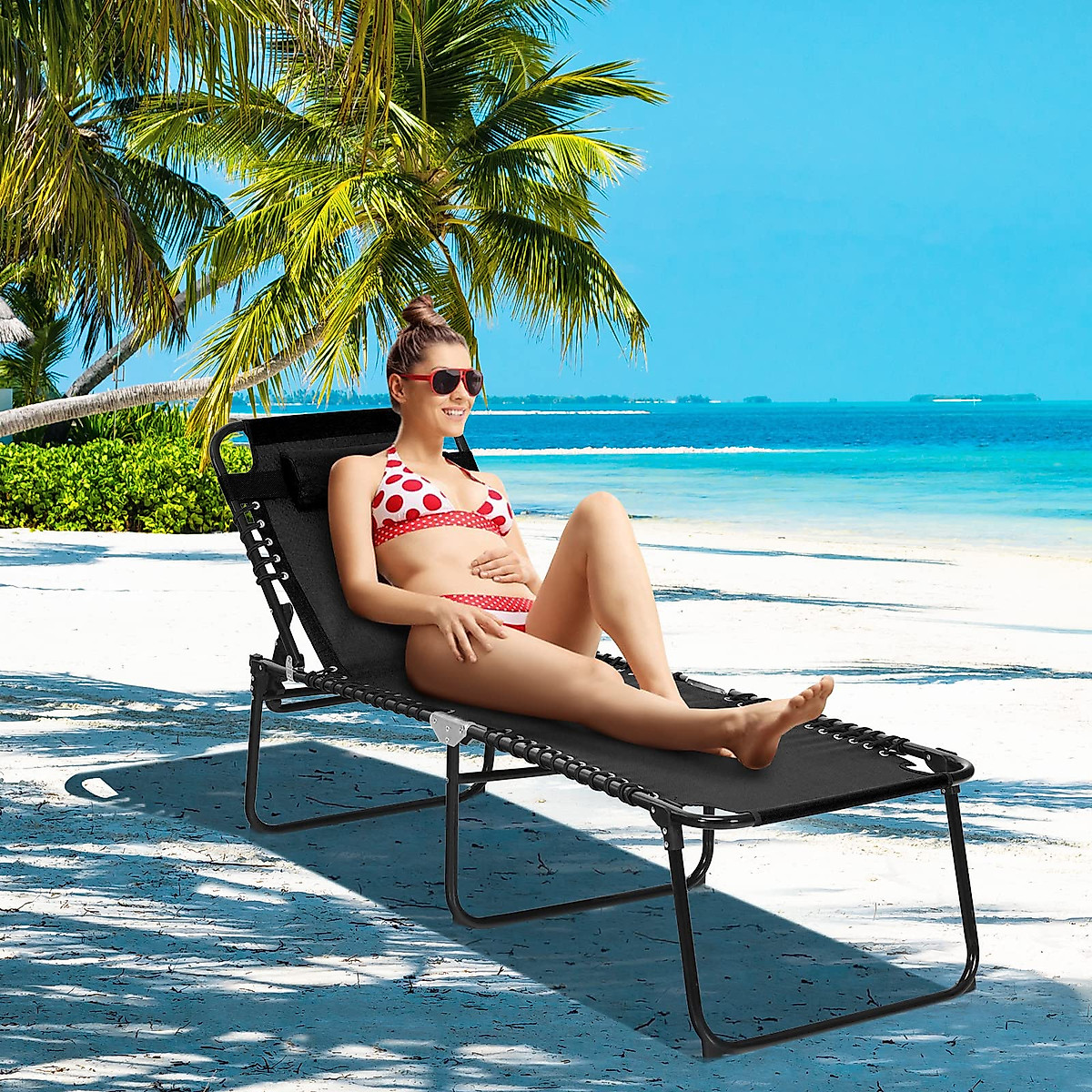 HAPPYGRILL Folding Lounge Chair with 4 Position Adjustable Backrest, Portable Lightweight Reclining Chair Recliner for Beach Camping Patio Lawn