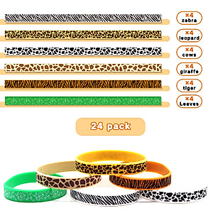 MagiRita Safari Animal Print Rubber Bracelets 24 Pack Leopard Cow Tiger Print Wristband Jungle Party Favors Zoo Wild Birthday Party Goodie Gifts Bags Decor for Shower Class Rewards