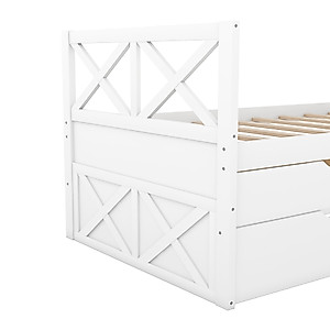 LZ LEISURE ZONE Twin Size House Bed, Solid Wood Platform Bed with Trundle, 3 Storage Drawers and Roof, White