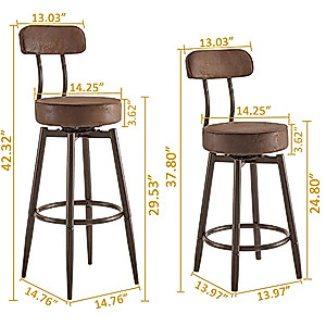 DYH Bar Stools with Back Set of 2, Swivel Kitchen Counter Stools, Industrial Round Barstool Chocolate Brown Bar Chairs, 24 or 29 Inch