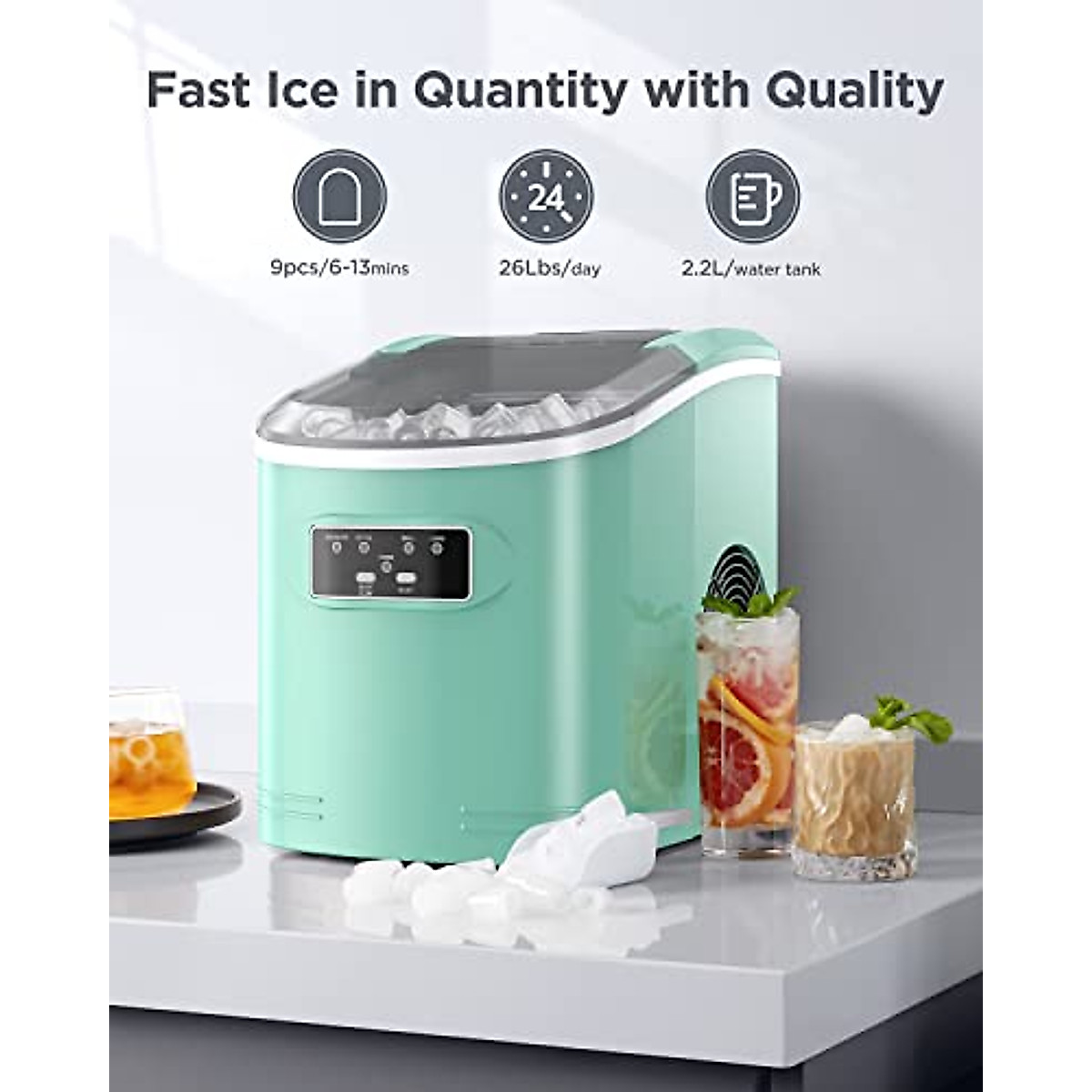Silonn Countertop Ice Maker Machine, Portable with Handle, Ice Scoop and Basket, Makes up to 27 lbs. of Ice Per Day, 9 Cubes in 7 Mins, Green, 12 x 9 x 12 inches (SLIM06)