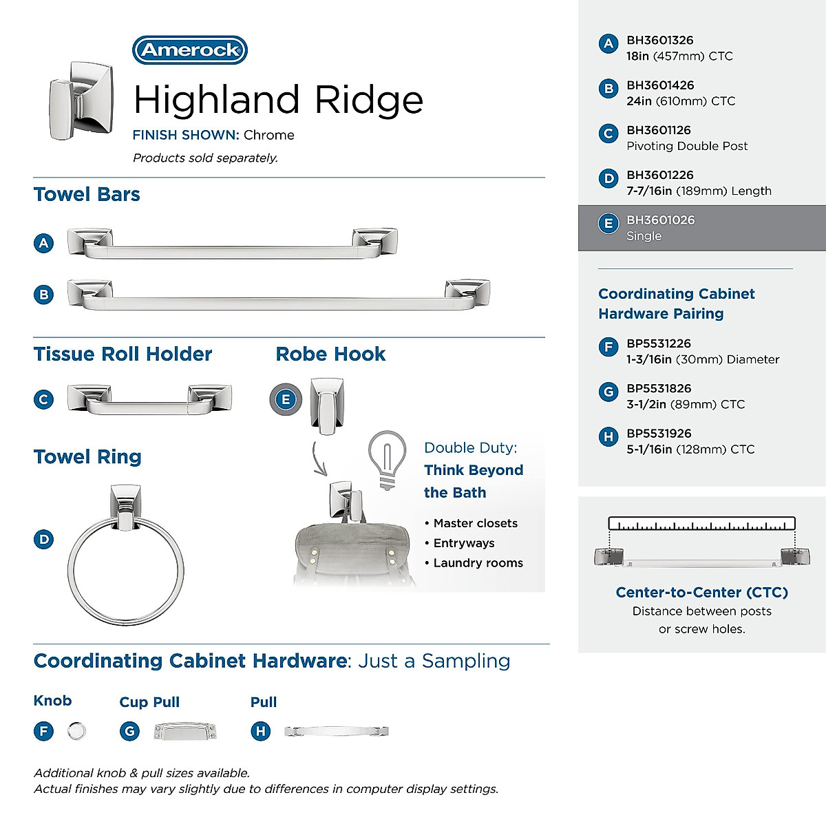 Amerock BH3601026 | Chrome Single Robe Hook | 2-5/8 in. (67 mm) Length Towel Holder | Highland Ridge | Towel Hook for Bathroom | Bathroom Hardware | Bath Accessories