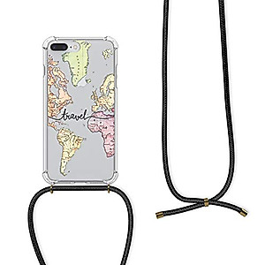 kwmobile Crossbody Case Compatible with Apple iPhone 7 Plus/iPhone 8 Plus Case Strap - Travel Black/Multicolor/Transparent