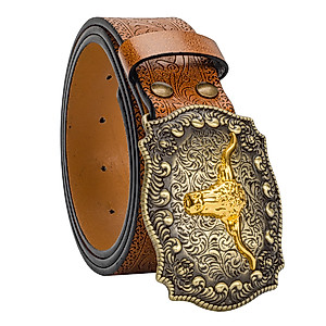INOGIH Western-Cowboy-Belts for Women Men Vintage Floral-Engraved Bull Head Buckle Cowgirl-Waist-Belt for 25 to 38" Waist