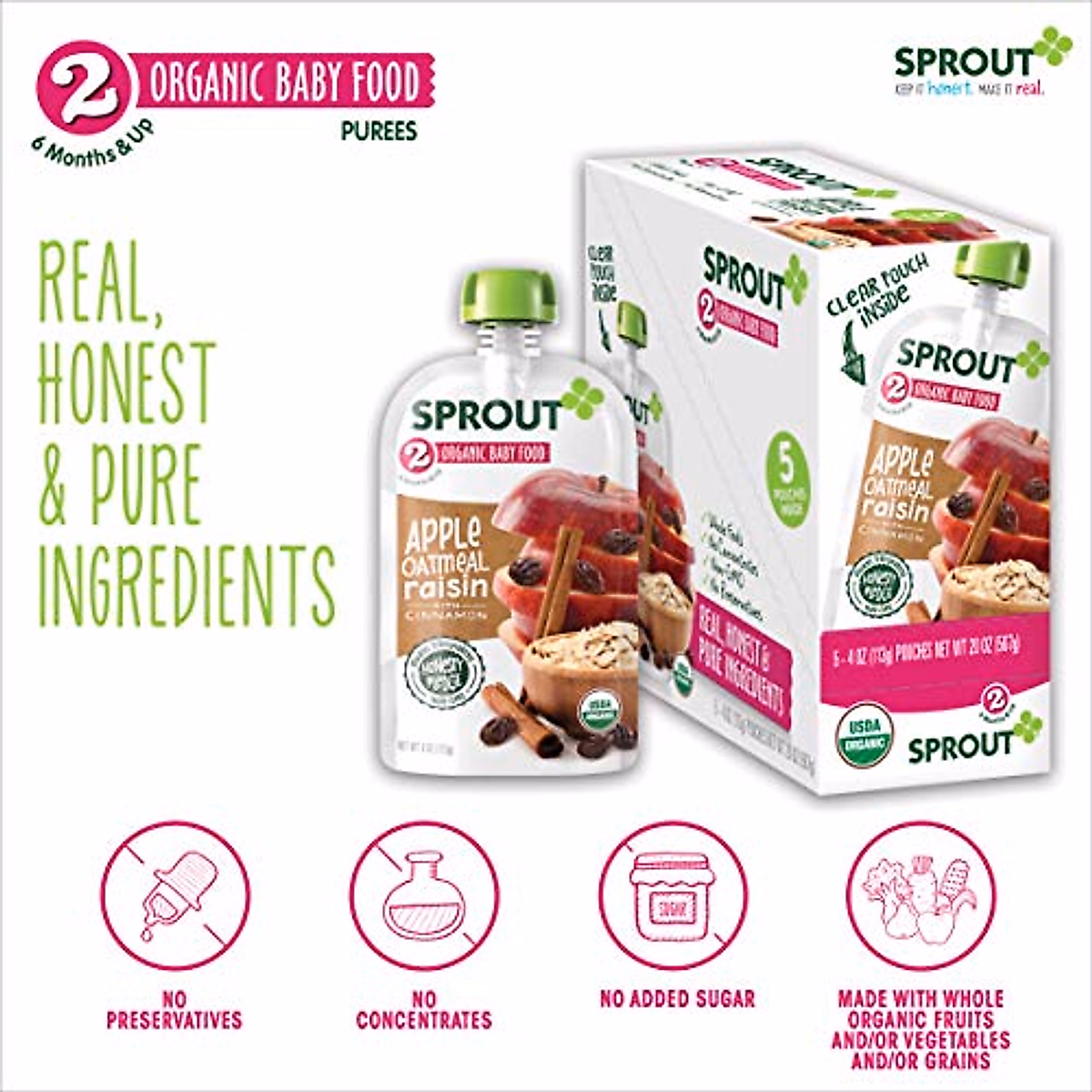Sprout Organic Stage 2 Baby Food Pouches, Apple Oatmeal Raisin with Cinnamon, 3.5 Ounce (Pack of 6)