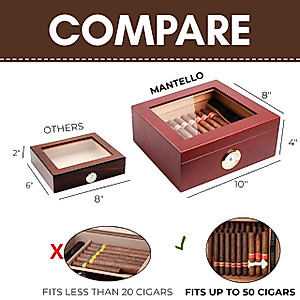 Mantello Glass Top Cigar Humidors - Humidor Cigar Box with Humidifier, Spanish Cedar Tray, Divider, and Hygrometer - Gifts for Men, Holds 25 to 50 Cigars