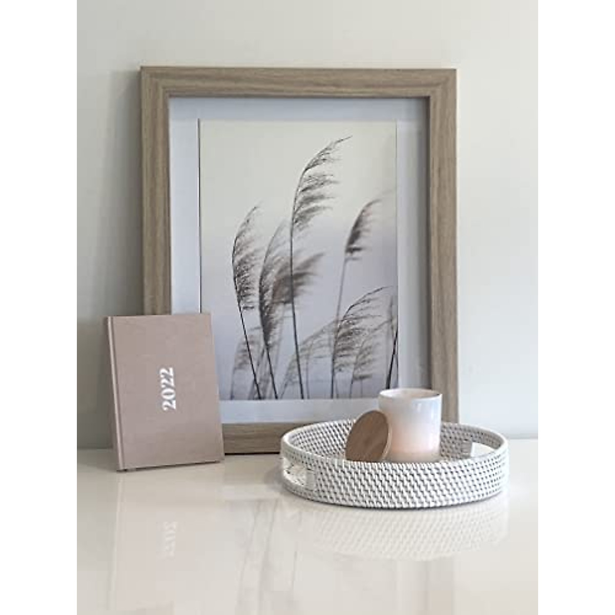 SIMPLY FABULOUS White Round Rattan Serving Tray, 10.6 inch, Strong, Durable Versatile for The Ottoman or a Table