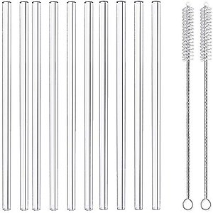 10 Pack Glass Straws, Reusable Glass Drinking Straws, With 10 Straight Smoothie Straws and 2 Cleaning Brush, Reusable Straws For Coffee, Tea, Wine, Juice, Smoothies, Frozen Drinks (8x200mm)