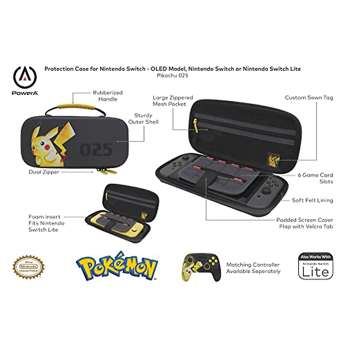 PowerA Protection Case for Nintendo Switch or Nintendo Switch Lite - Pikachu 025, Protective , Gaming , Console Case, Pikachu -
