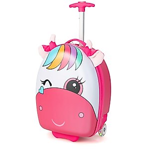 Goplus Kids Luggage, 16’’ Carry on Suitcase with LED Wheels, Waterproof Hard Shell, Lightweight Rolling Luggage for Travel, Birthday Christmas Gifts for Toddlers, Children, Boys, Girls (Pink)