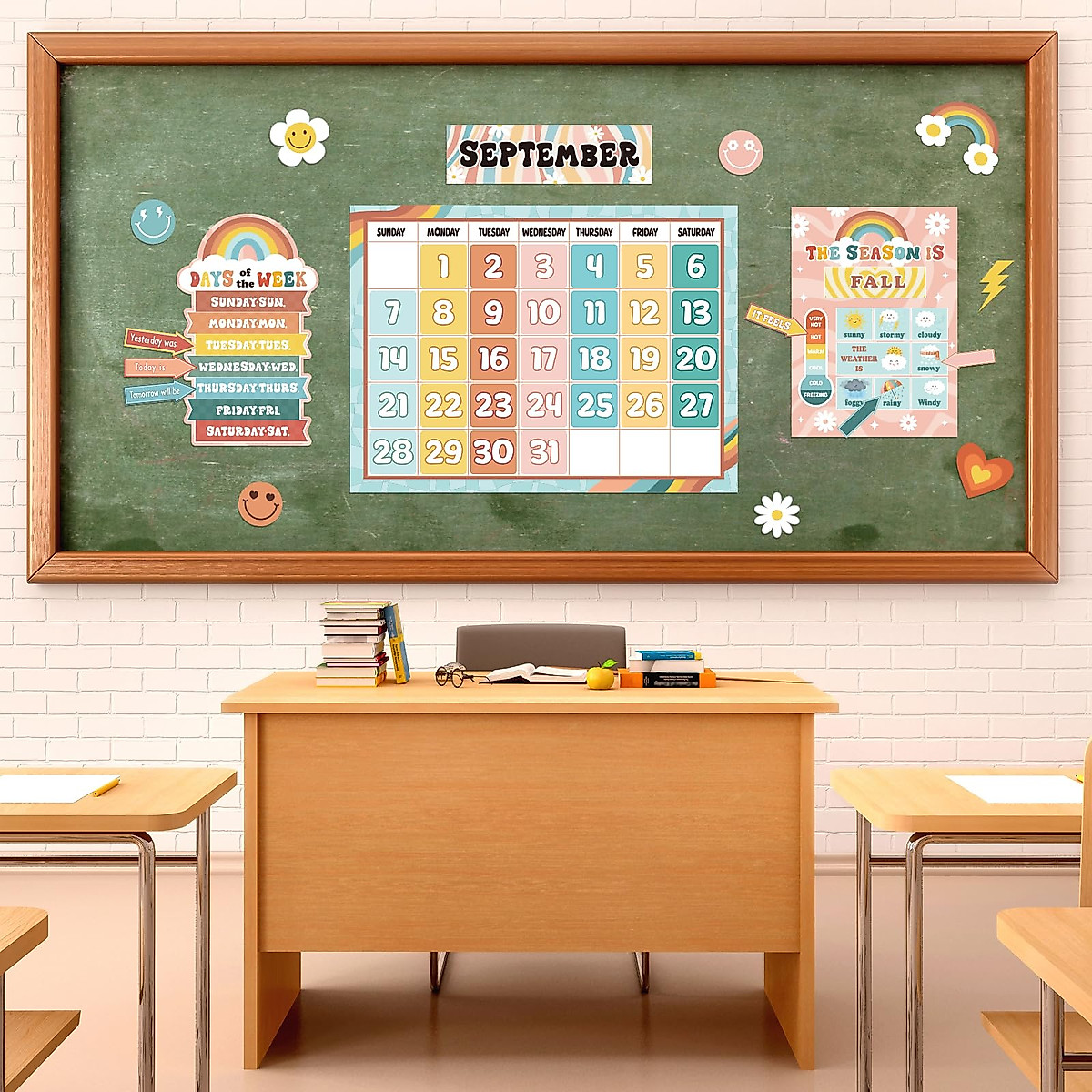Updated 62Pcs Retro Bulletin Board Borders Classroom Decorations Calendar Season Weather Week Chart Educational Posters Retro Classroom Decor Theme Sets for Kindergarten Home School Classroom Supplies
