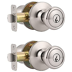 home improvement direct Keyed Alike Entry Door Knob, Reversible Tulip Style Knobs with Lock and Same Key, Satin Nickel Interior/Exterior Lockset for Bedroom, Bathroom, Front Door 2 Pack