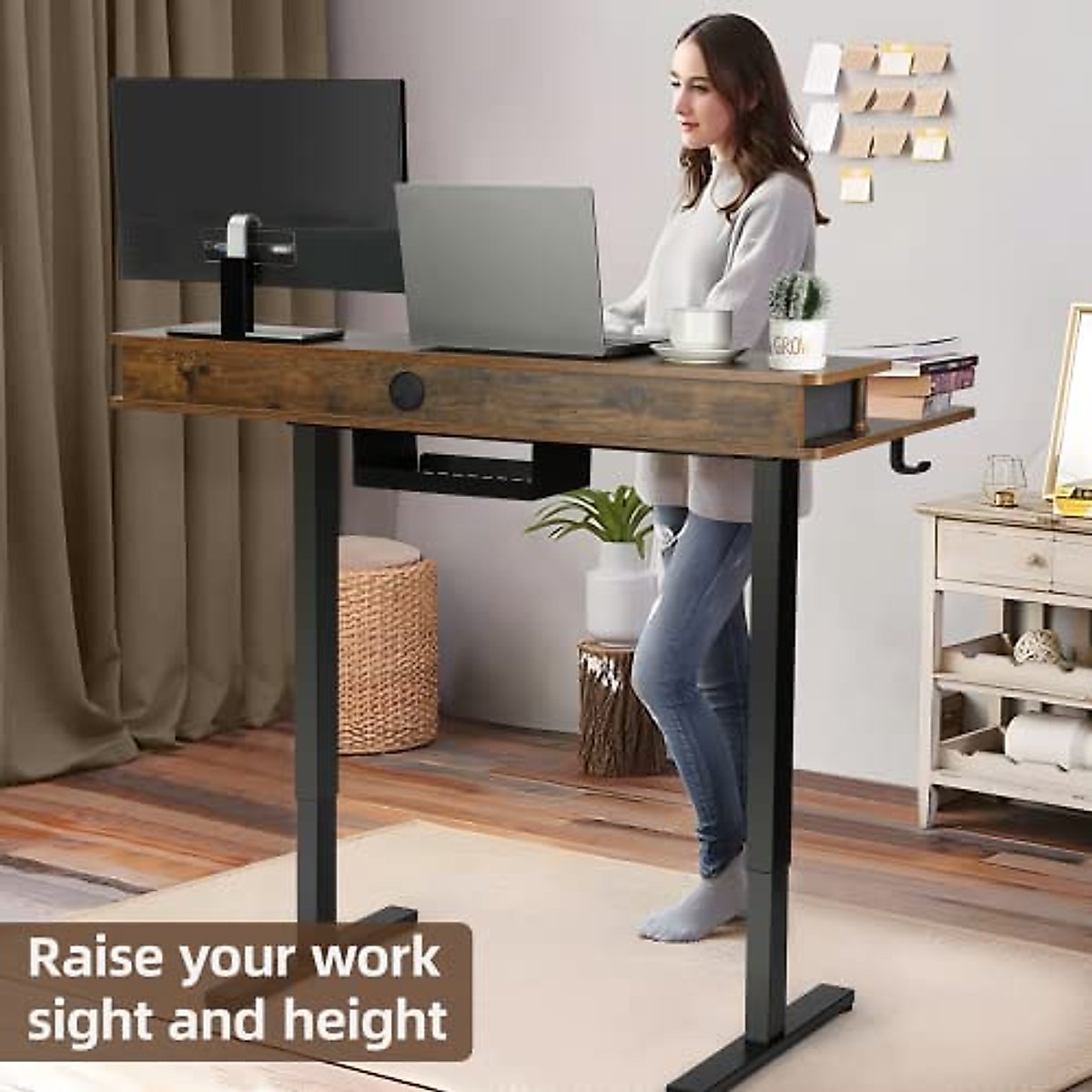 VOWNER Standing Desk Adjustable Height, 48 x 24 Inch Electric Stand up Desk with 2 Drawers and 2 Tier Storage Shelf, Sit Stand Home&Office Desks with 3 Preset Buttons, Rustic Brown Top