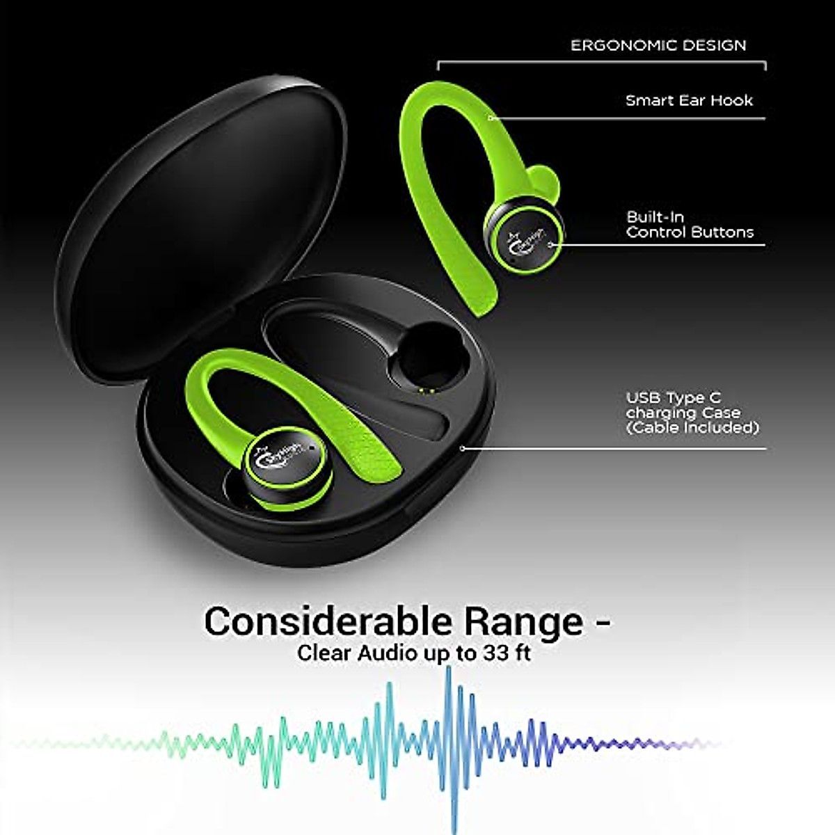 Sky High Logic True Wireless Earbuds with Charging Case - Bluetooth 5.0 Headphones with Ear Hook - Environment Noise Canceling, Waterproof for Fitness, Calls Sky7 Green