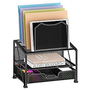 Simple Trending Mesh Desk Organizer with Sliding Drawer, Double Tray with 5 Sections File Bookshelf, Black