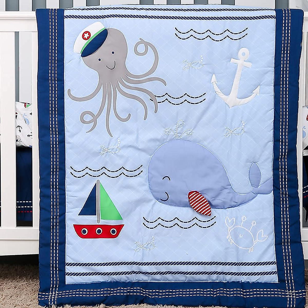 Brandream Ocean Baby Crib Bedding Set for Boys with Nautical Whale Octopus Anchor Coastal Undersea Theme, 3pcs