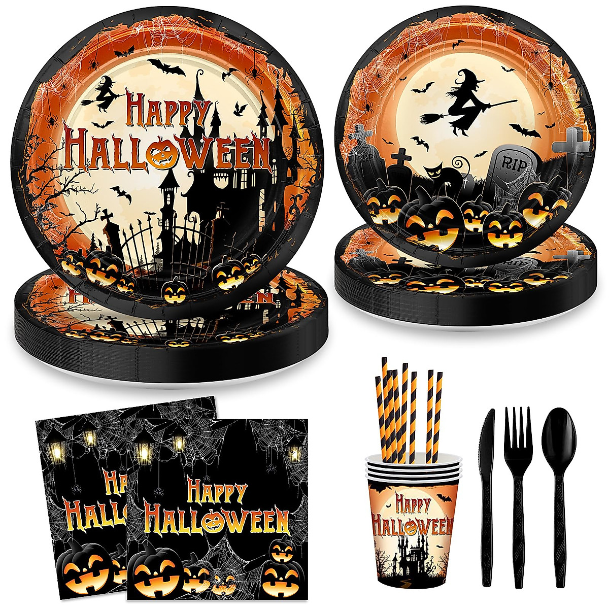 Avezano 192 Pcs Halloween Paper Plates and Napkins Happy Halloween Tableware Scary Moon Night Halloween Birthday Baby Shower Party Decorations Serve 24 (Orange)