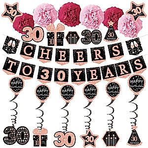 30th birthday decorations for her - (21pack) cheers to 30 years rose gold glitter banner for her, 6 paper Poms, 6 Hanging Swirl, 7 decorations stickers. 30 Years Old Party Supplies gifts for women