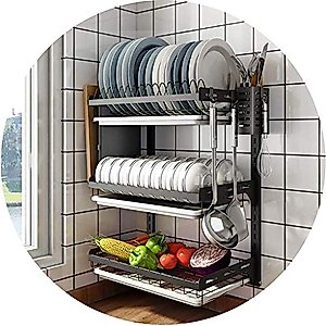 FEHUN Sinks,3-Layer 201 Stainless Steel Kitchen Wall-Mounted Dish Rack Drain Rack with Chopsticks Cage,Kitchen Cutting Board Rack