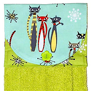 Hanging Hand Towel - Mod Cats On Aqua with Green Starburst Accent Fabric - Plush Green Kitchen Towel
