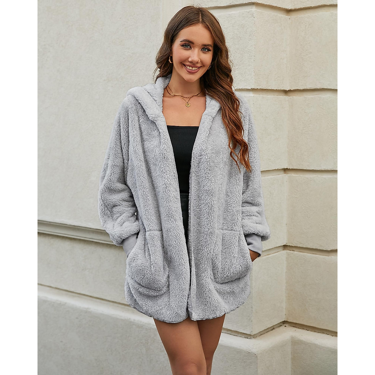LookbookStore 2024 Winter Coat for Women Fashion Teddy Bear Coat Cardigan Jackets Winter Hoodie Outwear Fashion Winter Coats for Women Light Grey Sherpa Fleece Jacket Women Size M Size 8 10