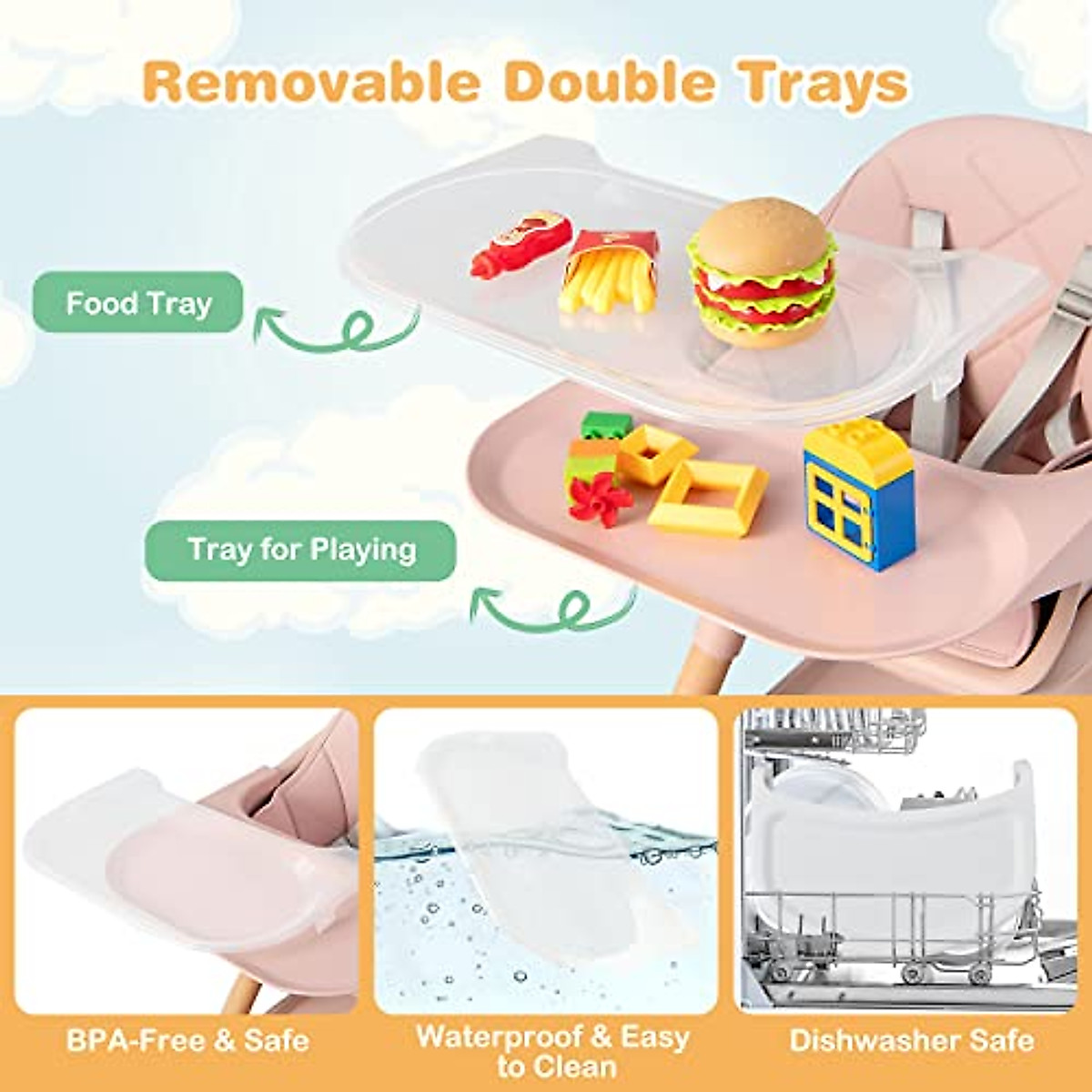 HONEY JOY Baby High Chair, 6 In 1 Convertible Wooden Highchair for Babies and Toddlers/Toddler Chair/Bar Stool, Removable Double Tray & Reversible Footrest, Safety Harness for Infant Boys Girls (Pink)