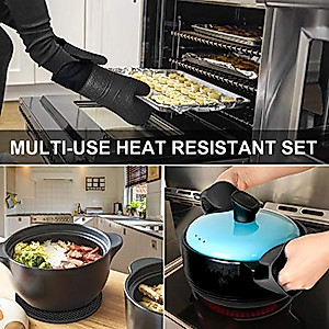 KOHSEN Silicone Oven Mitts and Pot Holders Set, 6 Piece Set with 2 Hot Pads-Heat Resistant to 450℉-Extra Long 15 Inch Professional Silicone Oven Mitts for Grilling Cooking Baking(Black)