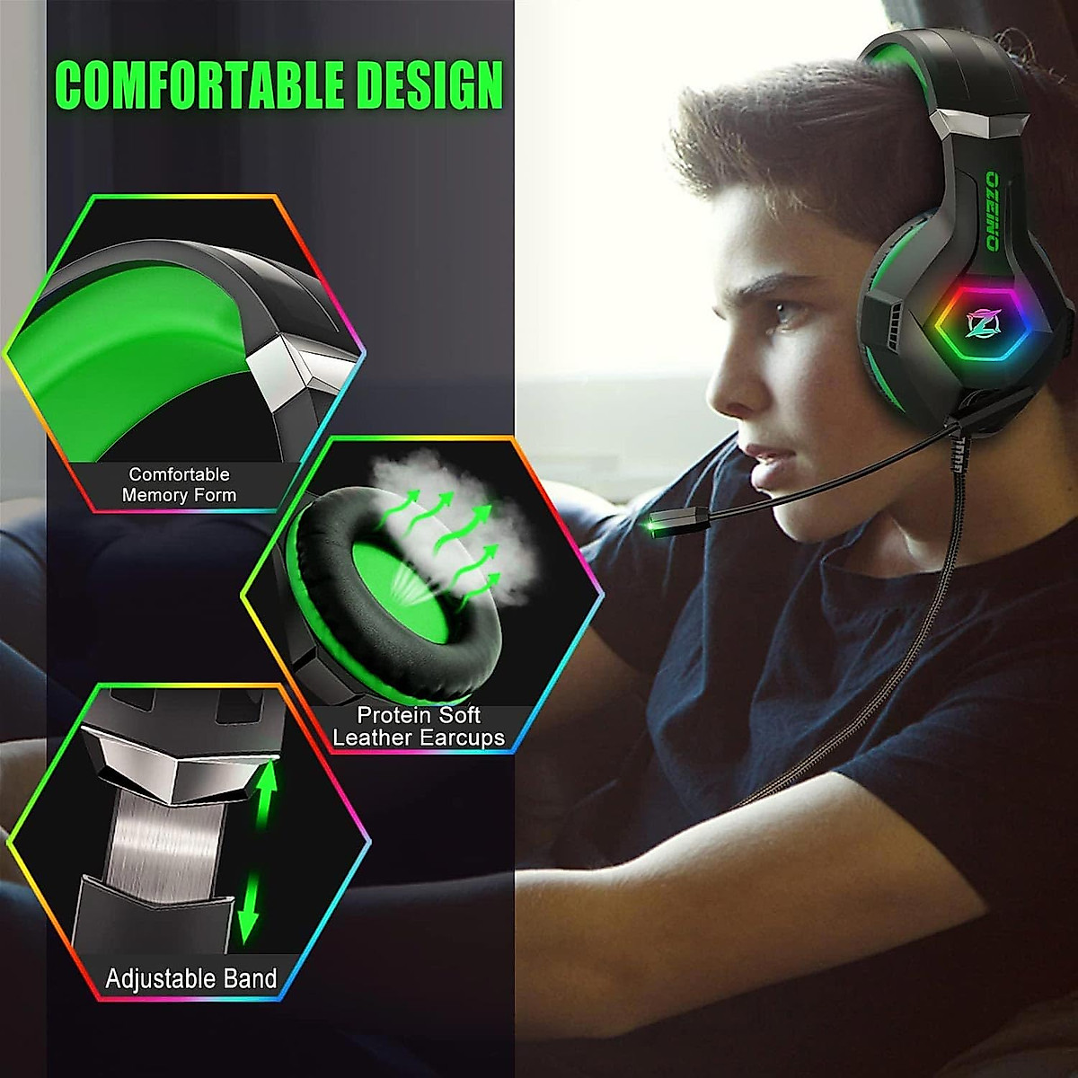 Ozeino Gaming Headset for PC, Ps4, Ps5, Xbox Headset with 7.1 Surround Sound, Gaming Headphones with Noise Cancelling Mic RGB Light Over Ear Headphones for Xbox Series X/S, Switch-Green