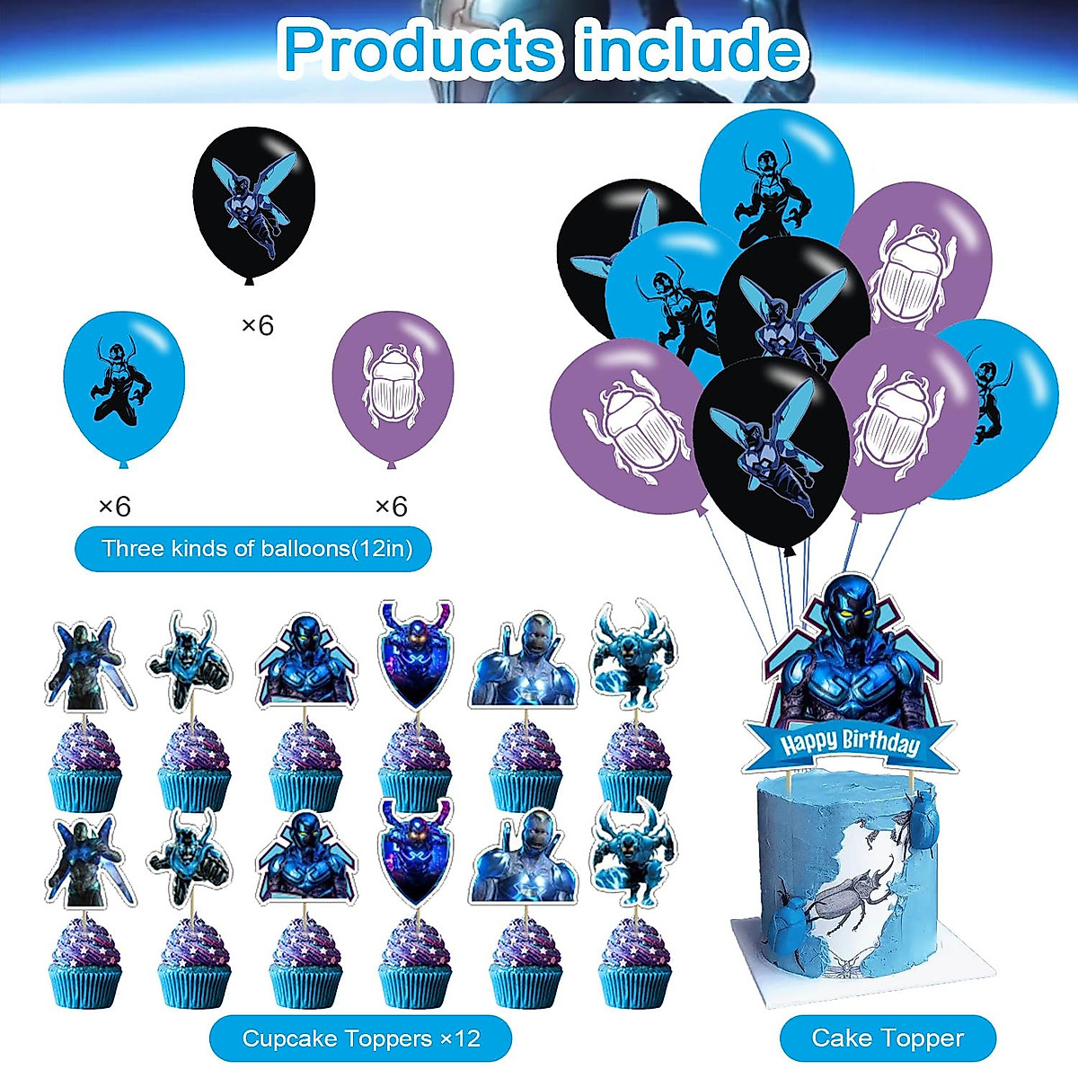 𝓑𝓵𝓾𝓮 𝓑𝓮𝓮𝓽𝓵𝓮 Birthday Party Decorations,𝓑𝓵𝓾𝓮 𝓑𝓮𝓮𝓽𝓵𝓮 Party Supply Set for Kids with 1 Happy Birthday Banner Garland , 13 Cupcake Toppers,18 Balloons for 𝓑𝓵𝓾𝓮 𝓑𝓮𝓮𝓽𝓵𝓮 Party Supplies