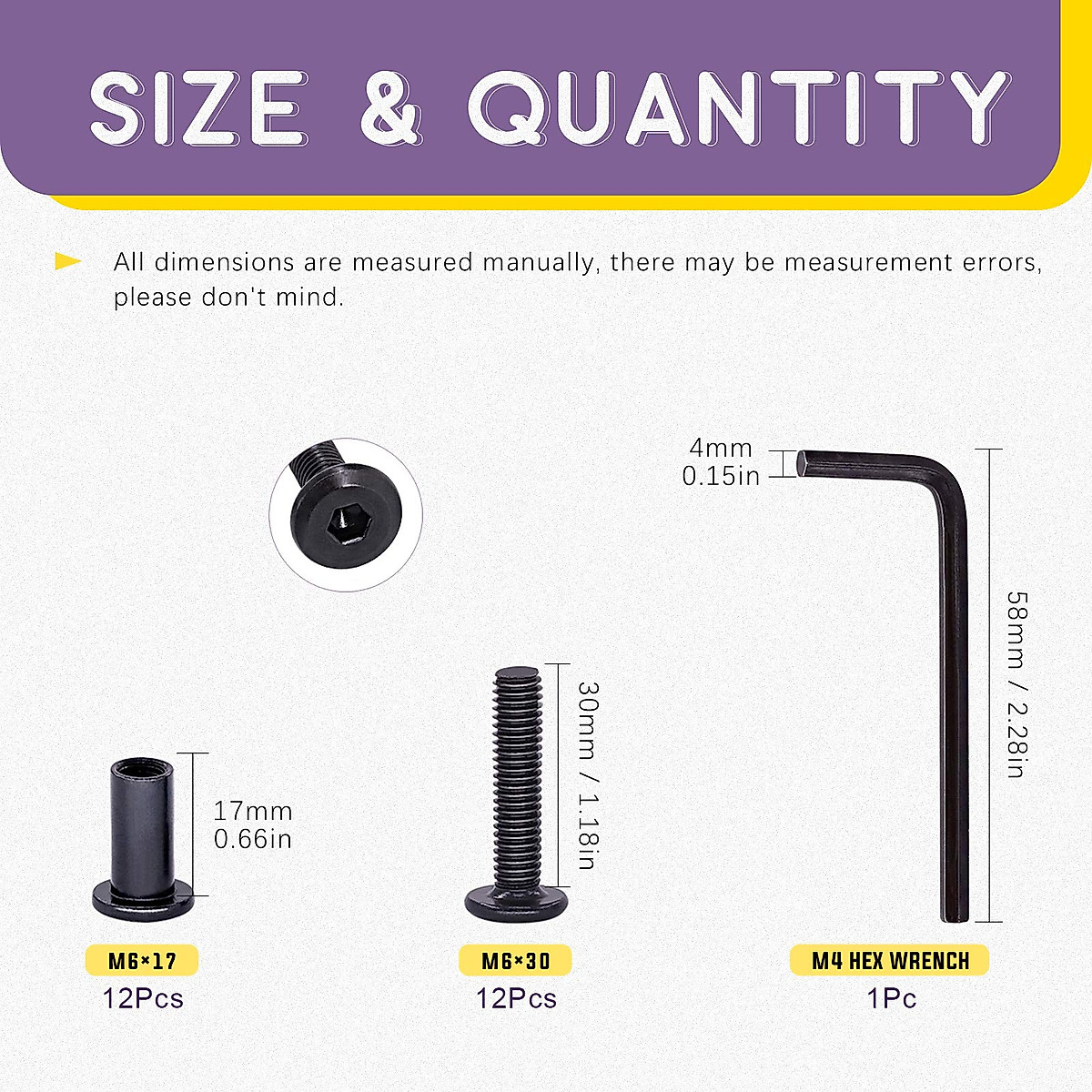 Swpeet 25Pcs M6x30mm Carbon Steel Black Hex Drive Socket Cap Bolts Barrel Nuts Assortment Kit with 1Pcs Allen Wrench, Screw Post Fit for Furniture Countsunk Belt Buckle Leather Binding Bolts