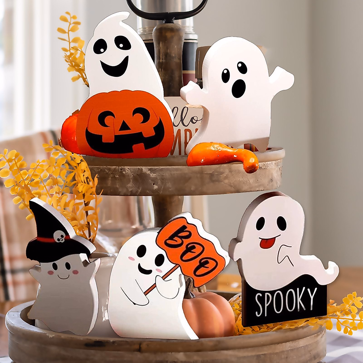 5 Pcs Halloween Wooden Decor Cute Ghost Halloween Tiered Tray Decorations Set Mini Ghost Kit Pumpkin Blocks for Indoor, Desk, Fireplace, Kitchen, Shelf Display, Table