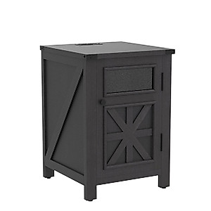 JXQTLINGMU Farmhouse End Table with Charging Station, 18'' Rustic Nightstand with Barn Door & Adjustable Shelf, Wooden Sofa Side Table with 3-Tier Storage for Living Room, Bedroom, Black