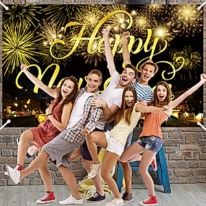 Happy New Year Party Backdrop Fabric Sign Poster Banner with Pattern Firework for New Year Party Decoration Photo Props Background Supplies