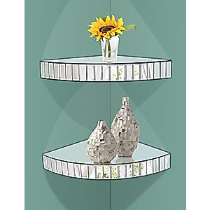 GOTHICO Mirrored Corner Shelf,Silver Mosaic Mirror Floating Shelf,Glass Display Ledge,Bling Corner Organizer,Glam Decorative Wall Shelf,Modern Luxury Mirrored Furniture Showcase,11.8" R×2" H，2PCS