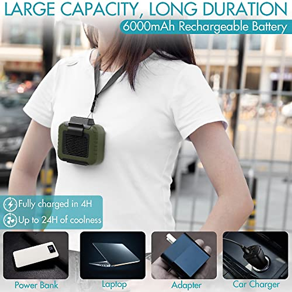 AddAcc Portable Waist Clip Fan, 6000mAh Rechargeable Battery Operated Fan, 3 Powerful Speed, Input & Output, Hand Free Necklace Fan Hanging Waist Fan for Outdoor Work, Farm, Hiking, Travel