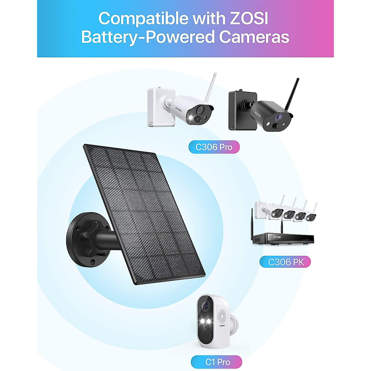 ZOSI Solar Panel Power Supply Only for ZOSI Security Wireless Rechargeable Battery Powered Camera C1pro & C306pro, IP66 Waterproof, 360° Adjustable Mounting Bracket, Non-Stop Charging